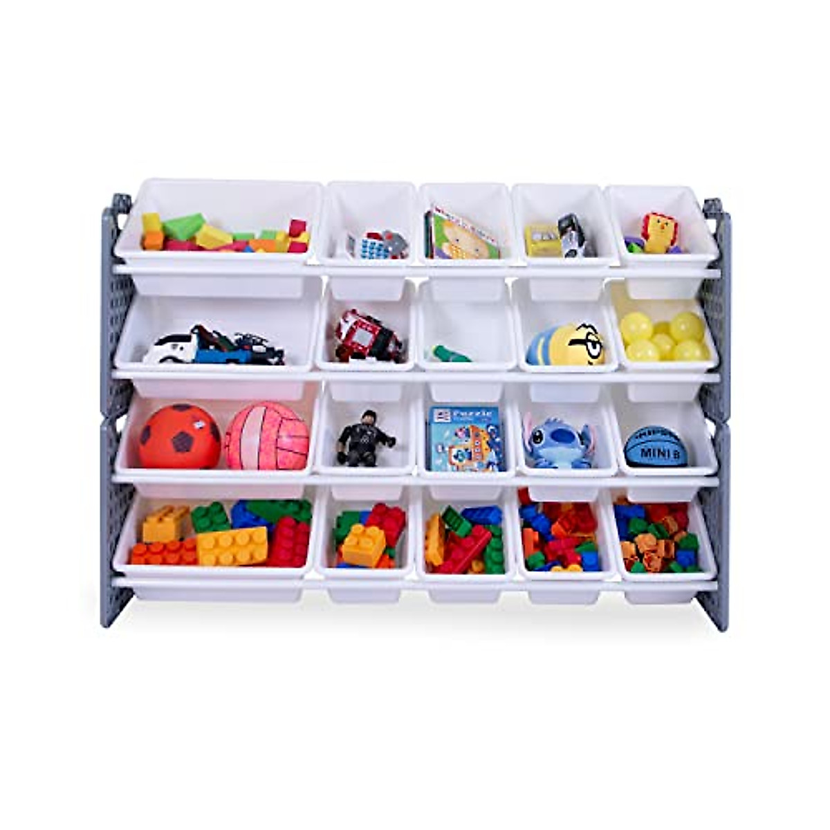 UNiPLAY Toy Organizer with 20 Removable Storage Bins, Multi-Bin Organizer for Books, Building Blocks, School Materials, Toys with Baseplate Board Frame (Gray)