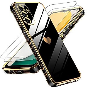 LeYi for Samsung Galaxy A13 5G Case: with Screen Protector [2 Pcs]+ Full Camera Protection, Love Heart Plating Girly Women Cute Luxury Soft TPU Case for Samsung A13 5G, Black
