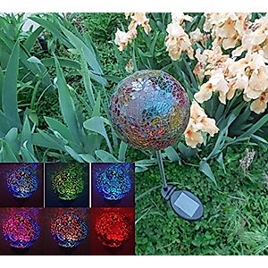 Solar Colorful Ball Globe Light (#Black05R), Solar Power Multi-Color Color Changing LED Mosaic Crackle Glass Decorative Garden Yard Light Stake