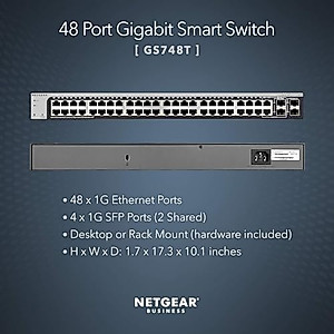 NETGEAR 48-Port Gigabit Ethernet Smart Switch (GS748T) - Managed, with 2 x 1G SFP and 2 x 1G Combo, Desktop or Rack Mount, and Limited Lifetime Protection