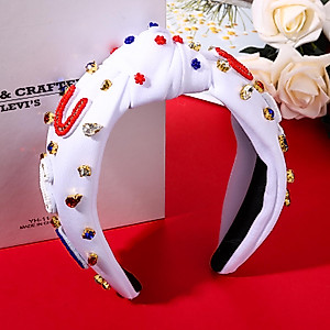 MOLOCH American Flag Headband 4th of July Headband Red White Blue USA Stripe Knotted Headband for Women Rhinestone Crystal Patriotic Hairband Party Hair Accessory