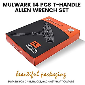 MULWARK 14 PC T-handle Allen Wrench Set Metric and Standard with T Handle Hex Key and Long Hex Driver Set with Wall-mounted Storage Box, Clear Marking, Two-Tip Design and Chamfered Tips