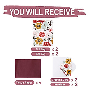 2 pack 10.6” Medium Gift Bag Set with Greeting Card and Tissue Paper (Flowers and Butterfly gift tag) for Birthdays, Bridal Showers, Children's Day, Weddings, Easter, Mother's Day- 10.6” x 8.3” x 4.3”,2 Pcs