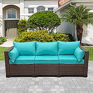 3-Seat Patio PE Rattan Wicker Couch, Outdoor Rattan Sofa Furniture Steel Frame with Furniture Cover and Deep Seat High Back, Turquoise Anti-Slip Cushion Furniture Cover