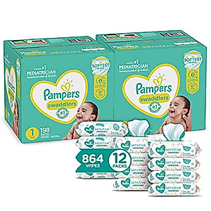 Pampers Swaddlers Disposable Baby Diapers Size 1, 2 Month Supply (2 x 198 Count) with Sensitive Water Based Baby Wipes, 12X Pop-Top Packs (864 Count)
