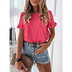 PRETTYGARDEN Women's Short Sleeve Casual T Shirts Summer Ruffle Plain Round Neck Loose Fit Tee Blouse Tops Watermelon Red