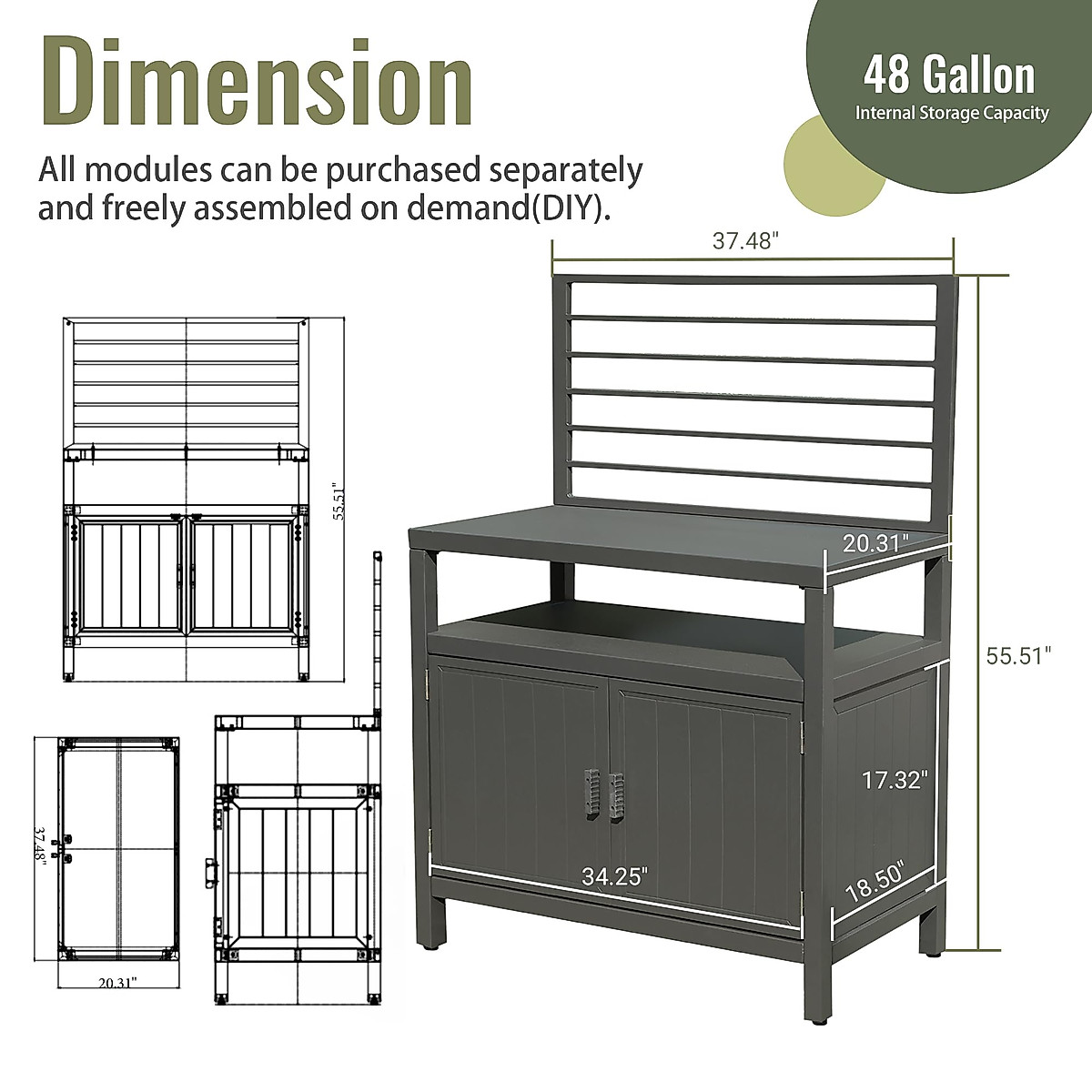 Domi Outdoor Kitchen Series, Modular Kitchen Island Counter with Whole Aluminum Finish & Shelf & Wall Hanging & Countertop & Storage Box & Cover, BBQ Grill Table for Deck Patio, Dark Gray