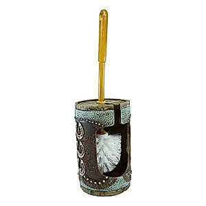 Ebros Gift Rustic Vintage Western Turquoise Faux Tooled Leather Triple Horseshoes and Cross Cowboy Toilet Bowl Cleaner Brush and Base Holder Set Bathroom Vanity Powder Room Office Accessory