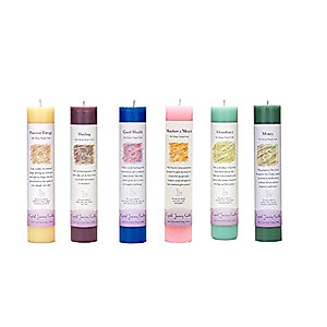 Crystal Journey Herbal Pillar Candle with Inspirational Labels - 6 Pack (Positive Energy, Healing, Good Health, Manifest a Miracle, Abundance, Money) Each 7"x1.5" Handcrafted