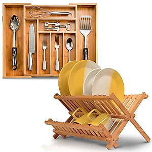 Collapsible Dish Drying Rack and Expandable Bamboo Silverware Organizer