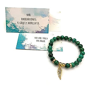 Smiling Wisdom - Angel Wing Appreciation Kindhearted Thank You Keepsake Greeting Card and Stretch Stone Bracelet - Green Rain Flower Stones - 7.5 inches Medium