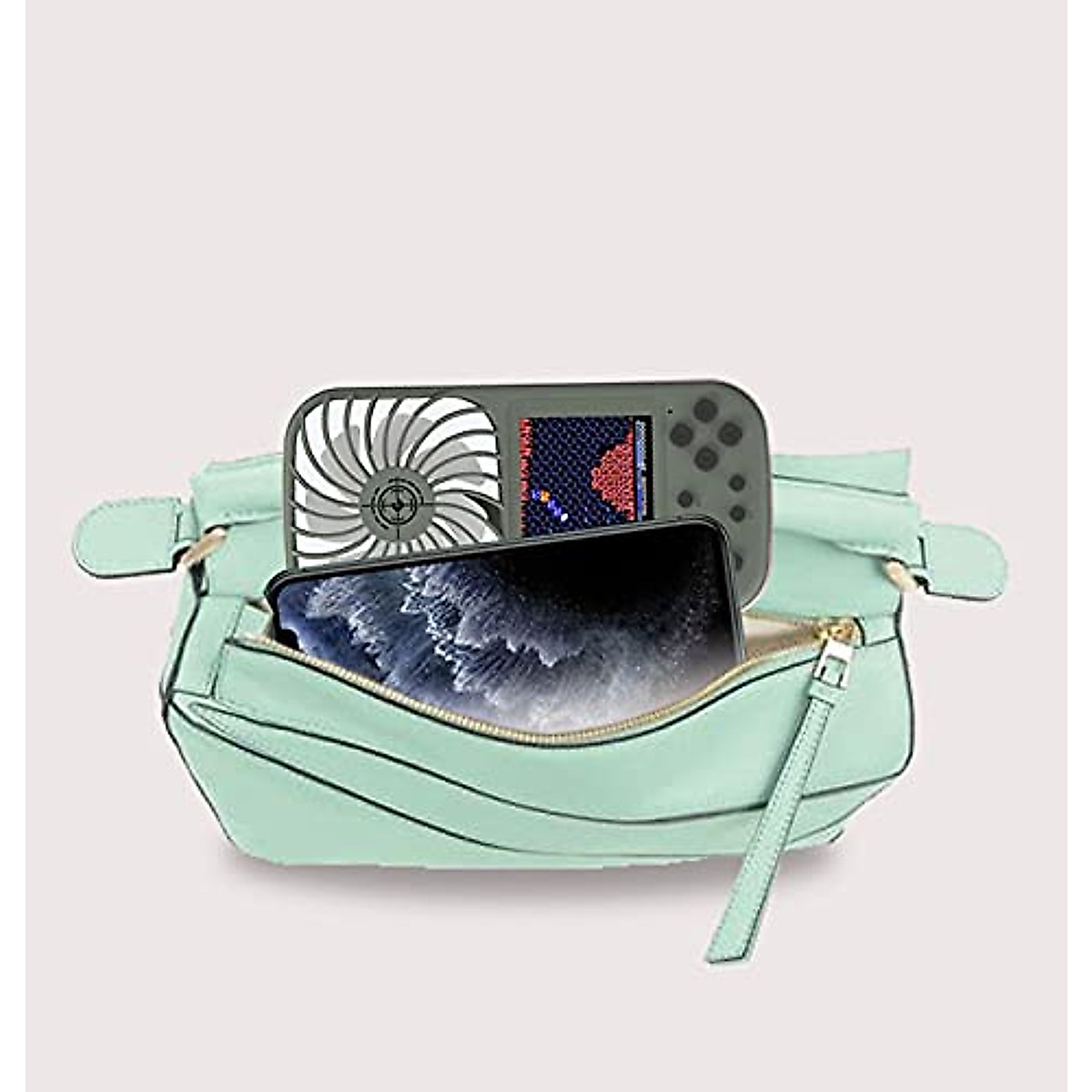 Handheld Game Console with Fan 500 Retro Nostalgic Game Mini Fan 2-in-1 2.8-inch Screen USB Mini Portable Handheld Fan Rechargeable Travel Office Home Fan, Suitable for Children/Adults (Dark Green)