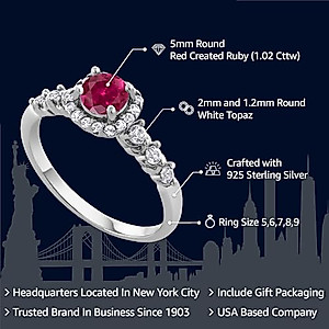Gem Stone King 925 Sterling Silver Red Created Ruby and White Created Sapphire Engagement Ring For Women (1.02 Cttw, Round 5MM, Available 5,6,7,8,9) (Size 8)