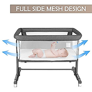 Kinder King Baby Bassinet w/Wheels, Folding Portable Newborn Bedside Sleeper, All-Sided Mesh Infant Crib, Adjustable Height/Angle, Removable Soft Mattress, No Tool to Assemble, Grey