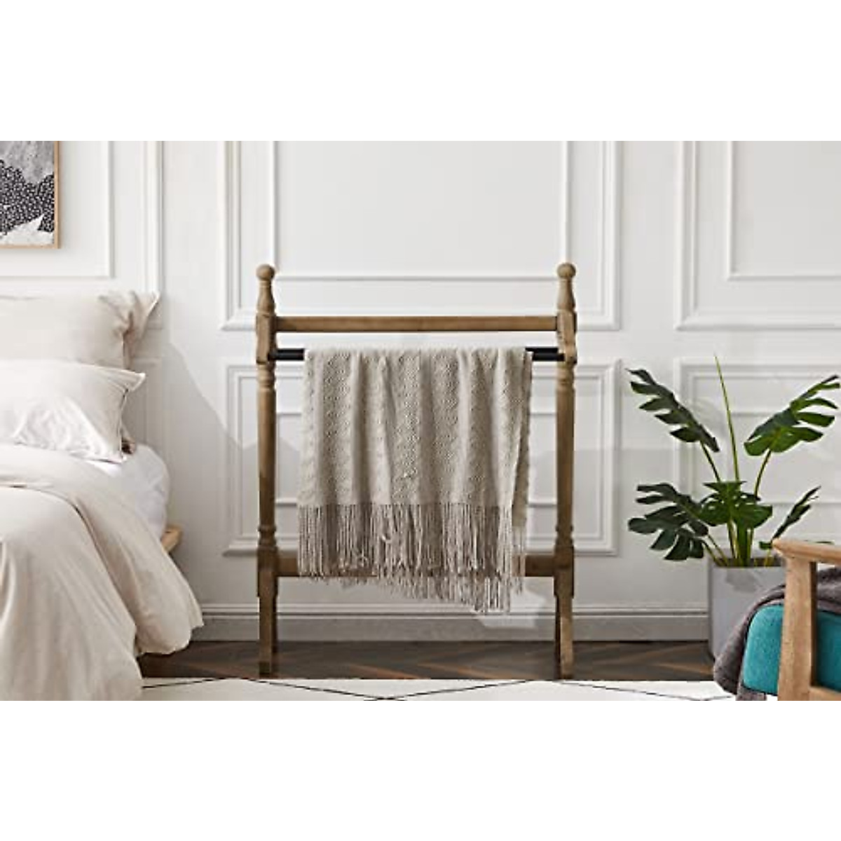 eodme 2 Ties Freestanding Towel Rack, Farmhouse Wood Blanket Rack Stand, Rustic Drying and Display Rack for Bathroom, Living Room