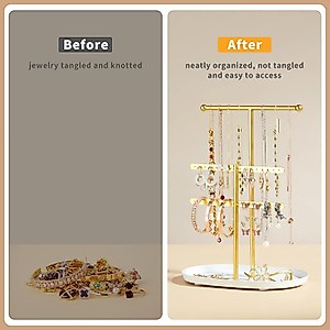 Elegant Jewelry holder Organizer 2-Tier Display Storage Stand for Earrings Necklaces with Ring Tray Spacious and Durable, Easy to Assemble & Gold