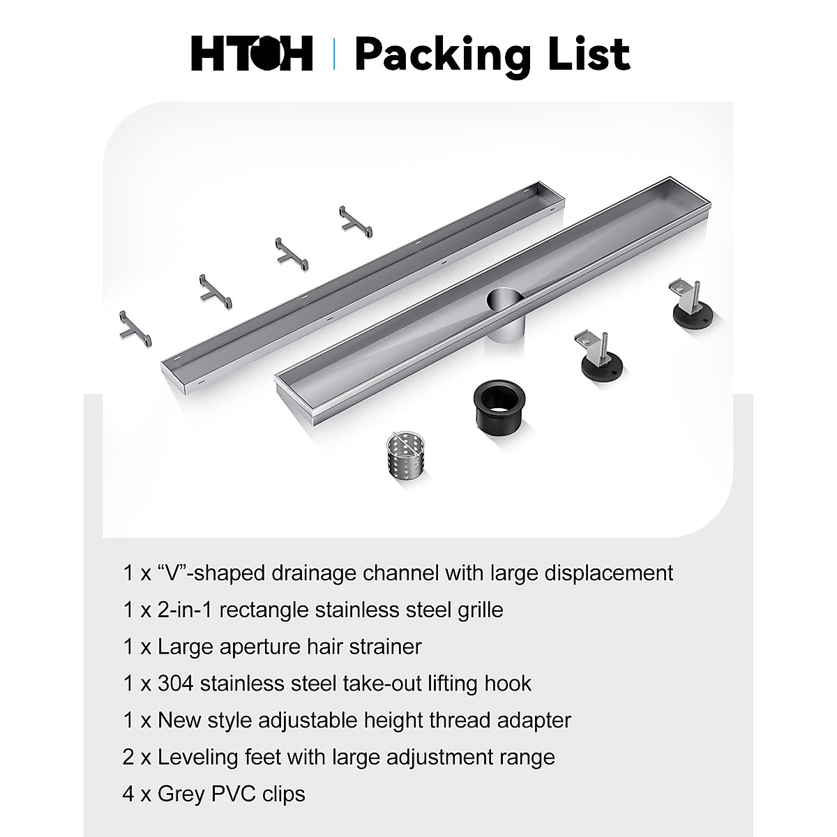 HTOH Shower Drain, 2 in 1 Linear Shower Drain 24 Inch(Brushed Nickel), 304 Stainless Steel Shower Floor Drain with Tile Insert Grate,Adjustable Feet,Hair Filter