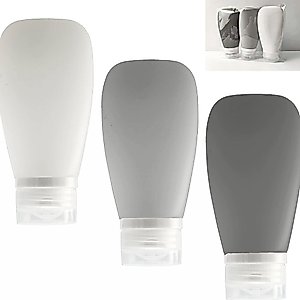 LYOB Travel Bottles for Toiletries, TSA Approved 3oz Leak Proof Silicone Refillable Squeeze Travel Size Containers BPA Free for Cleansers, Lotions, Shampoo 3-pk (Black-Gray-White)