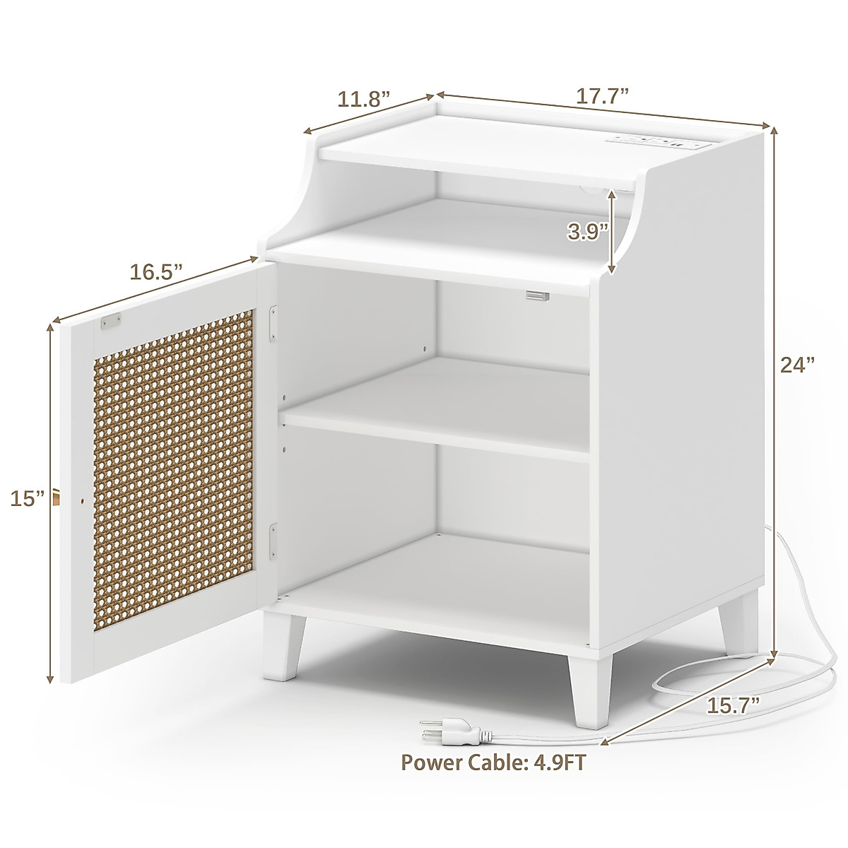 Nightstand Set of 2 White Night Stand with Charging Station Farmhouse Bedside Table with Rattan Door&Adjustable Storage Shelf Rustic Wood Couch Side Table End Table for Bedroom