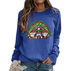 Christmas T Shirts for Women Long Sleeve Vintage Print Graphic Xmas Sweatshirt Crewneck Pullover Tops Ugly Sweater Blouses Blue