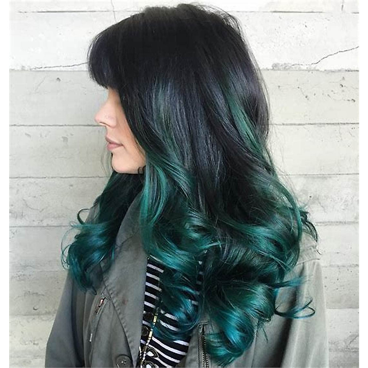 Dai Cloud Black Green Wigs With Bangs for Women Long Wavy Curly Hair Wigs Dark Roots Wigs for Women Cosplay Party Daily Use