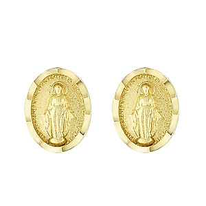 14k Yellow Gold Mini Miraculous Virgin Mary Small Oval Stud Post Earrings (8x6mm)
