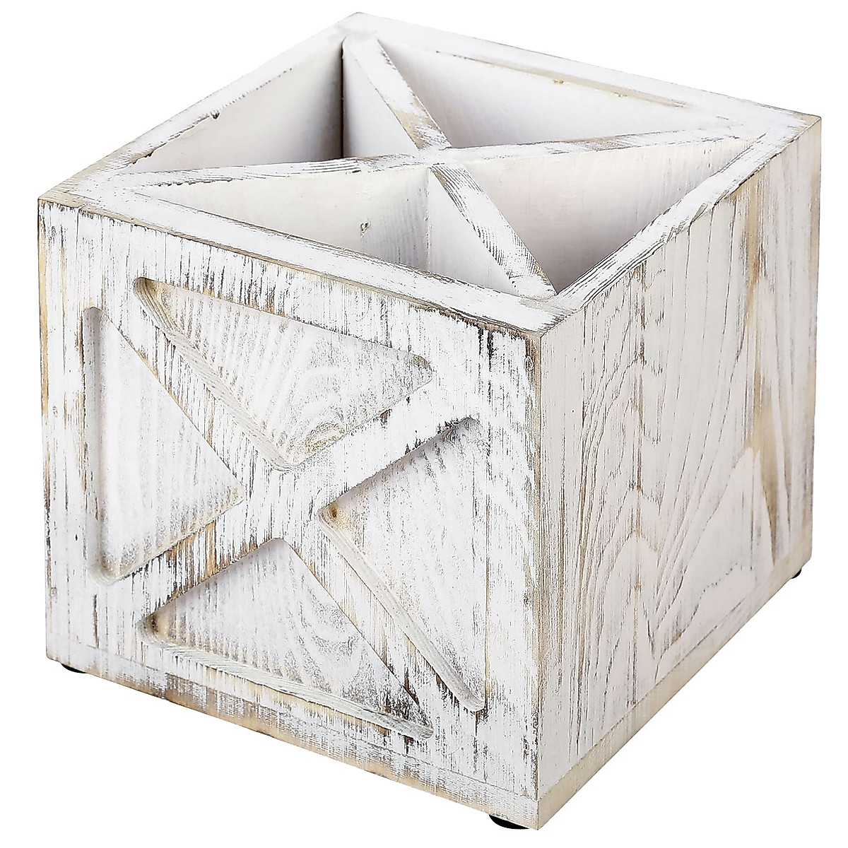 MyGift Whitewashed Solid Wood Kitchen Utensil Holder Crock Countertop Storage Organizer with 4 Compartments, Rustic Farmhouse Flatware Silverware Buffet Caddy