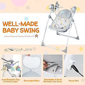 BABY JOY Baby Swing, Portable Baby Rocker with 5 Swing Speeds, 3-Position Adjustable Backrest, 3 Timer Settings, 12 Melodies & 5 Natural Sounds, Electric Compact Baby Swings for Infants