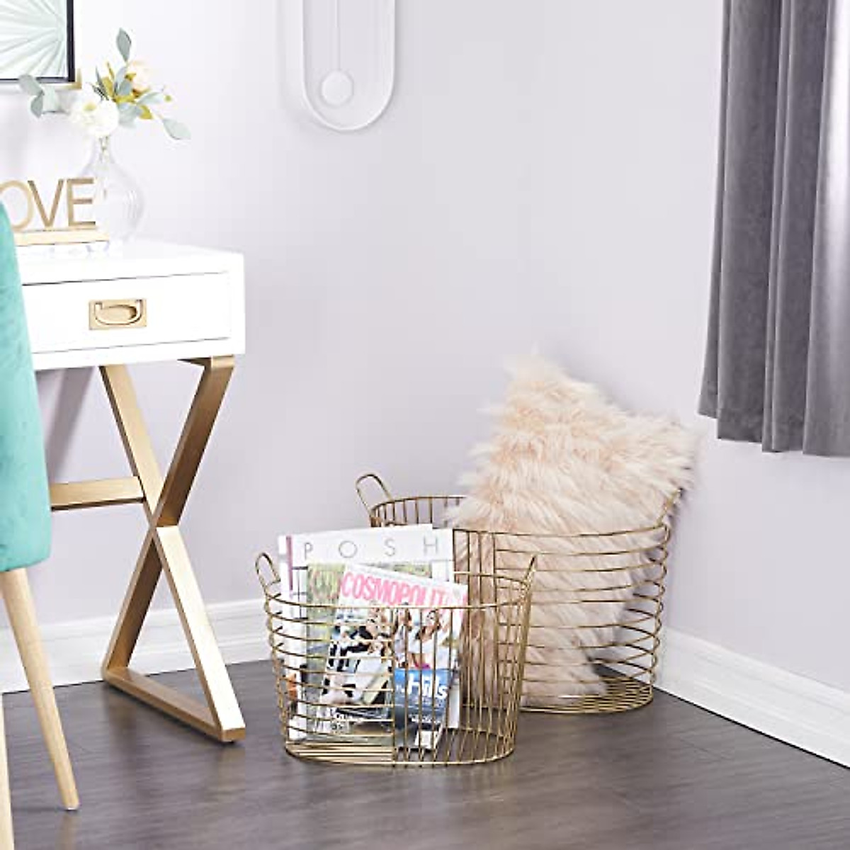 CosmoLiving by Cosmopolitan Metal Round Storage Basket with Handles, Set of 2 20", 17"W, Gold