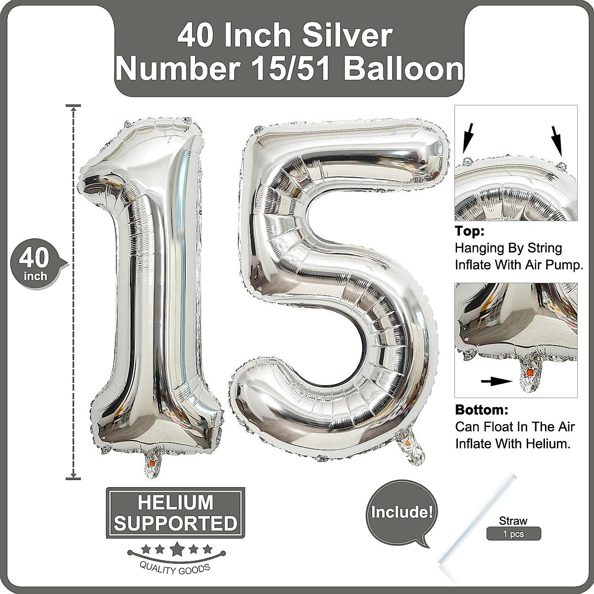Lovoir 40 Inch Silver 51 Number Balloon 15 Large Size Jumbo Digit Mylar Foil Helium Silver Balloons for 15th 51st Birthday Party Celebration Decorations Graduations Anniversary Supplies