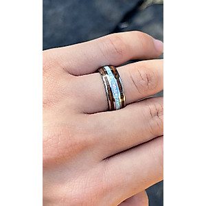 Aloha Jewelry Company 8mm Opal Tungsten Carbide Hawaiian Koa Tree Wood with Created Comfort Fit Ring Engagement Wedding Band Dome Style Weighted High Polished Finish with Gift box (White Opal, 13)
