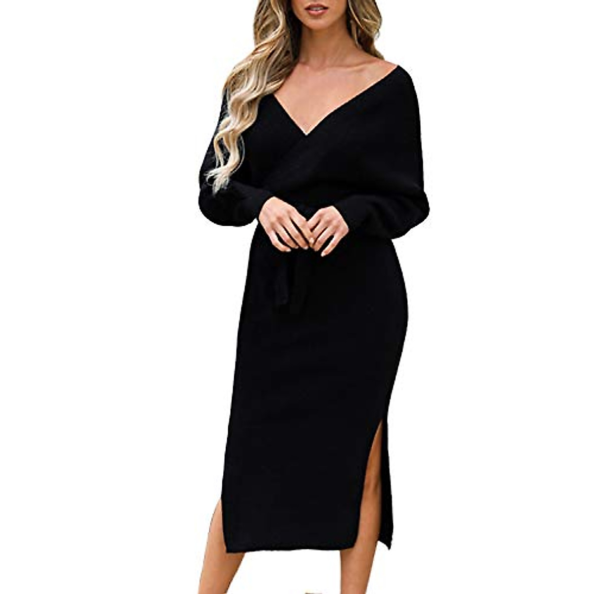 Viottiset Women's V Neck Batwing Long Sleeve Sexy Slim Elegant Open Back Wrap Bodycon Holiday Slit Long Maxi Knit Sweater Dresses with Belt Black X-Large