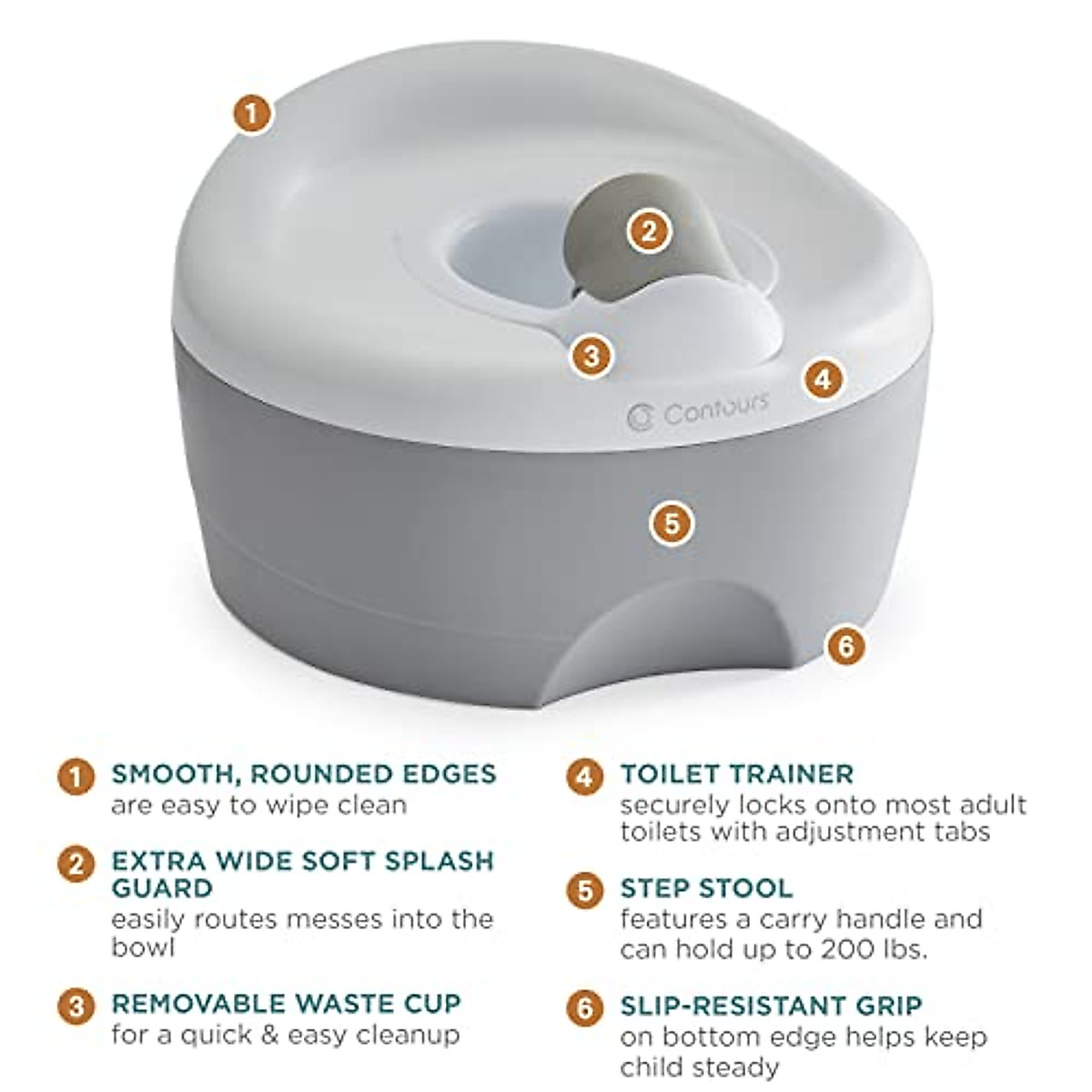Contours Bravo 3-in-1 Potty Training Toilet Seat, Trainer and Step Stool, Easy to Clean Design with Removable Waste Cup and Splash Guard, Great for Travel, Perfect for Toddler Boys & Girls 1-3 - Gray
