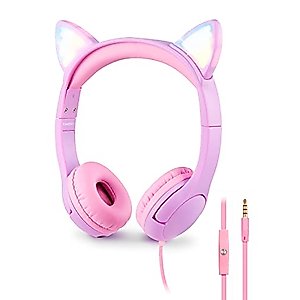 PINGKO Kids Headphones: Toddler Headphones with Microphone - Cat Ear Headphones for Girls Boys, LED Light 3.5mm Jack, 85db Volume, Music Sharing Stereo Earphones for iPad | School | Travel (Purple)