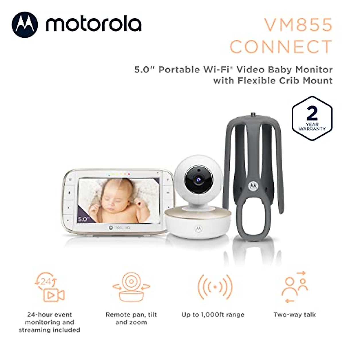 Motorola Baby Monitor - VM855-5 WiFi Video Baby Monitor with Camera and Crib Mount, HD 720p - Connects to Smart Phone App, 1000ft Range, 2-Way Audio, Remote Pan-Tilt, Digital Zoom, Room Temp, Music