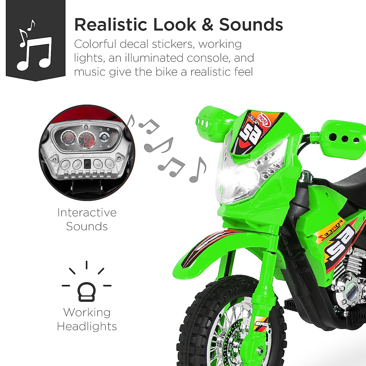 Best Choice Products Kids 6V Ride On Motorcycle w/Treaded Tires, Working Headlights, 2mph Top Speed, Training Wheels, Realistic Sounds, Music, Battery Charger - Green