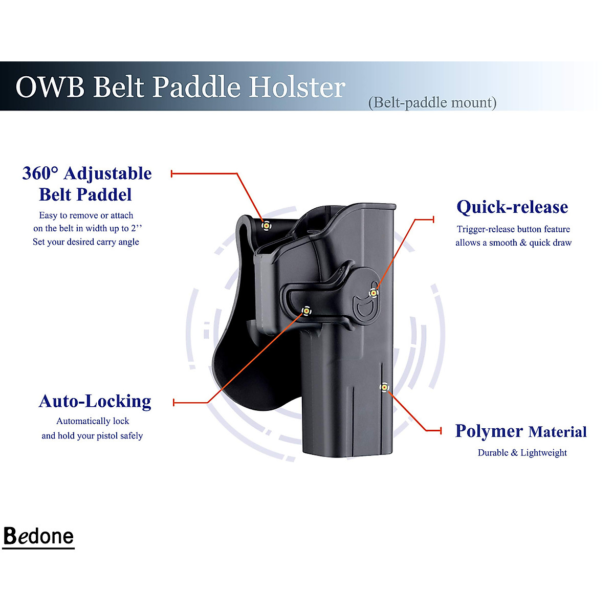 Gun Holster for Glock 21 Gen 1 2 3 4, Glock 20 Gen 1 2 3 4, OWB Paddle Holster, Outside Waistband Belt Tactical Holster, Open Carry Polymer Holster, 360° Adjustable & Fast Release - Right Handed