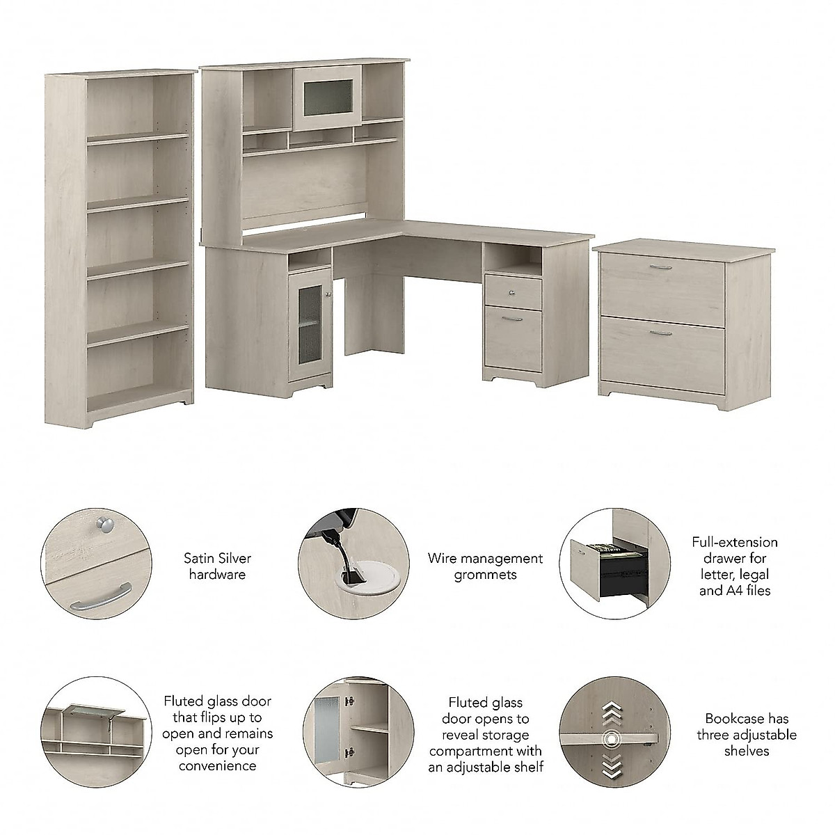 Bush Furniture L Shaped Desk with Hutch, 5 Shelf Bookcase and Lateral File Cabinet | Cabot Collection Corner Computer Table with Storage and Bookshelf | 60Wx23DX37W