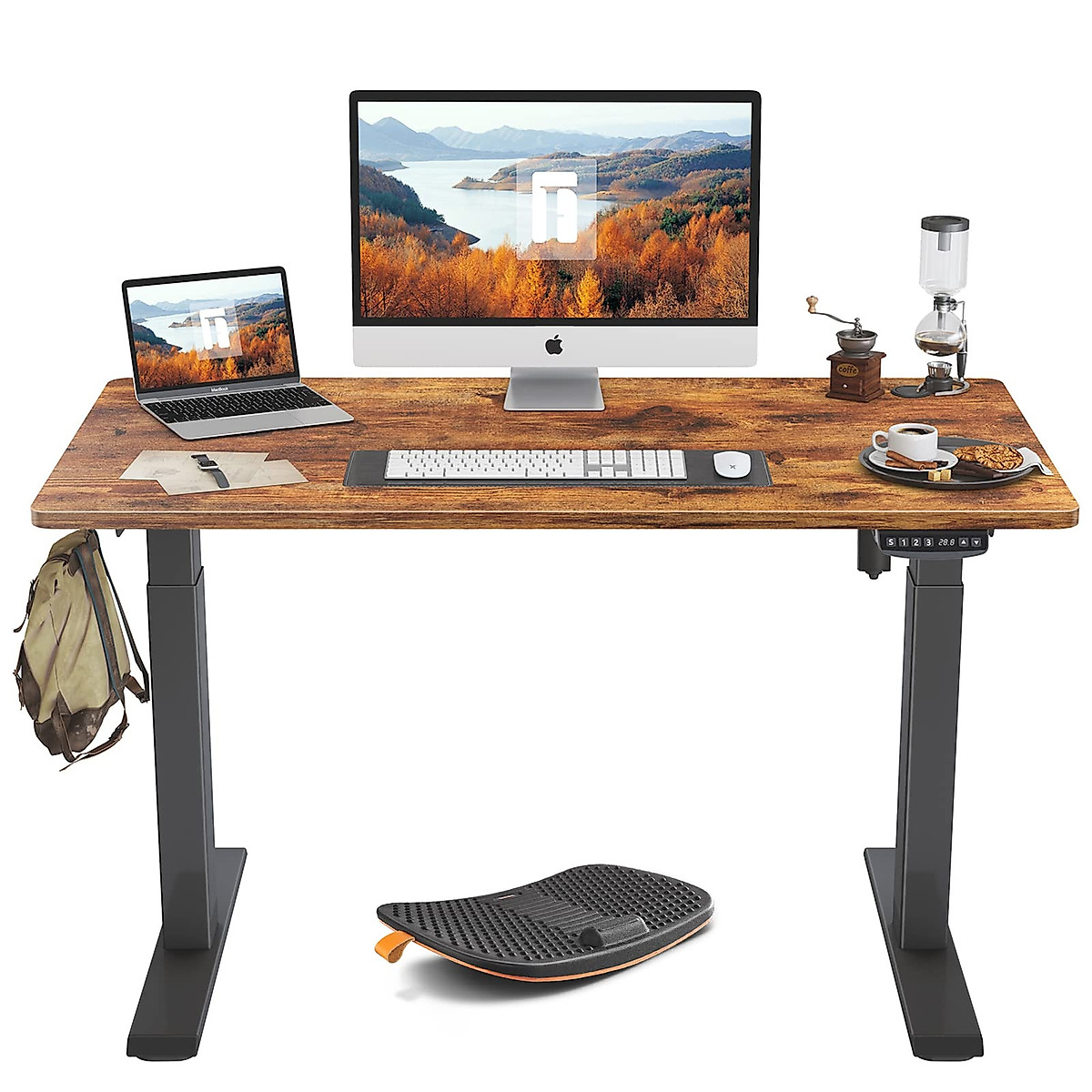 FEZIBO Height Adjustable Electric Standing Desk 48 x 24 inches | Standing Desk Mat with Anti Fatigue Bar, Wooden Wobble Balance Board (Medium, Obsidian Black)