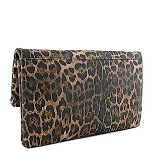 FashionPuzzle Tassel Accent Flapover Clutch Purse with Chain Strap (Leopard Brown)