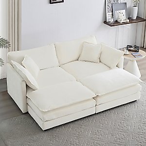 76.7" Deep Seat Sectional Cloud Sofa with 2 Ottomans & Soft Pillows, Loveseat Modular Couch for Living Room, Apartment, Small Space, Beige Chenille