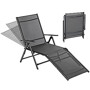 Esright Outdoor Chaise Lounge Chair, Folding Textilene Reclining Lounge Chair for Beach Yard Pool Patio with 7 Back & 2 Leg Adjustable Positions, Gray
