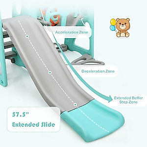 Costzon 4 in 1 Toddler Slide and Swing Set, Little Bear Indoor Outdoor Baby Swing with Slide, Swing, Climber, Basketball Hoop and Ball, Kids Climber Playground Playset for Girls Age 1+ Gifts Presents