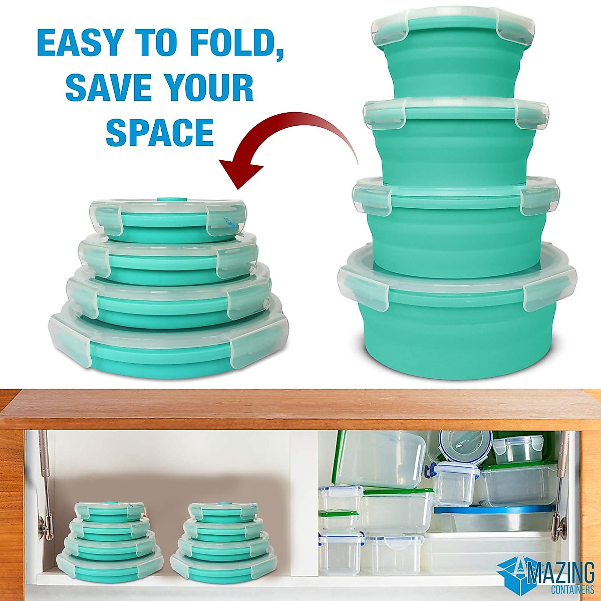 AMAZING CONTAINERS Set of 4 Silicone Collapsible Food Storage Container with Airtight Lid|Foldable Stackable Space-saving containers for Kitchen|Microwave Dishwasher and Freezer Safe