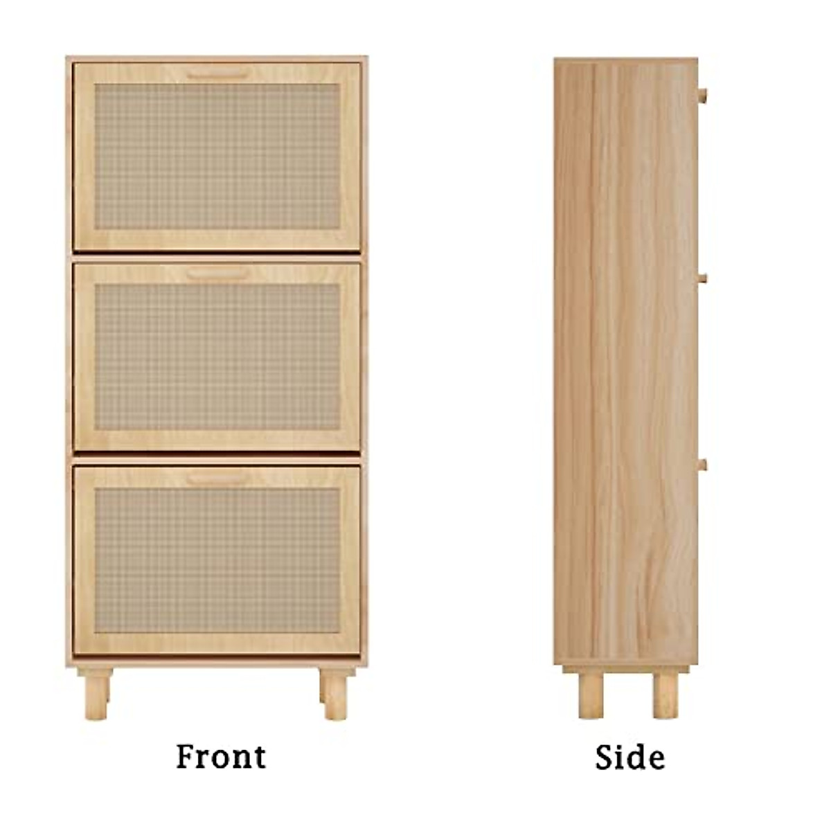 Wekity Shoe Storage Cabinet, Rattan Shoe Cabinet with 3 Flip Drawers, Narrow Free Standing Shoe Cabinet for Heels Slippers Boots, Wood Shoe Cabinet for Entryway Hallway 10X21X45Inch (Nature)