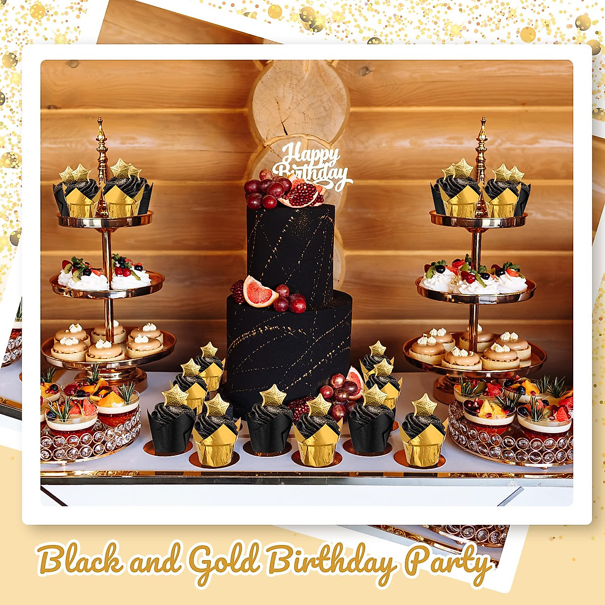 Queekay Tulip Cupcake Liners for Baking Muffin Aluminum Foil Paper Baking Cups Disposable Cupcake Wrappers Greaseproof Muffin Liners for New Year Wedding Baby Shower Xmas(Gold, Black, 160 Pcs)