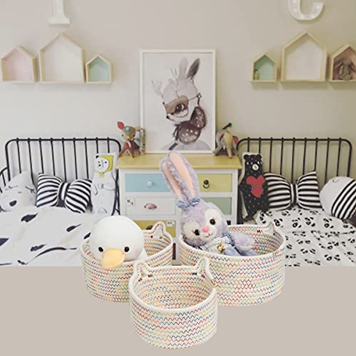 Hizibesty 3 Pack Cotton Rope Storage Baskets Bin Stackable Decorative Woven Basket with Cut Cat Ears Design for Clothes, Toy, Makeup, Books, Towels, Nursery