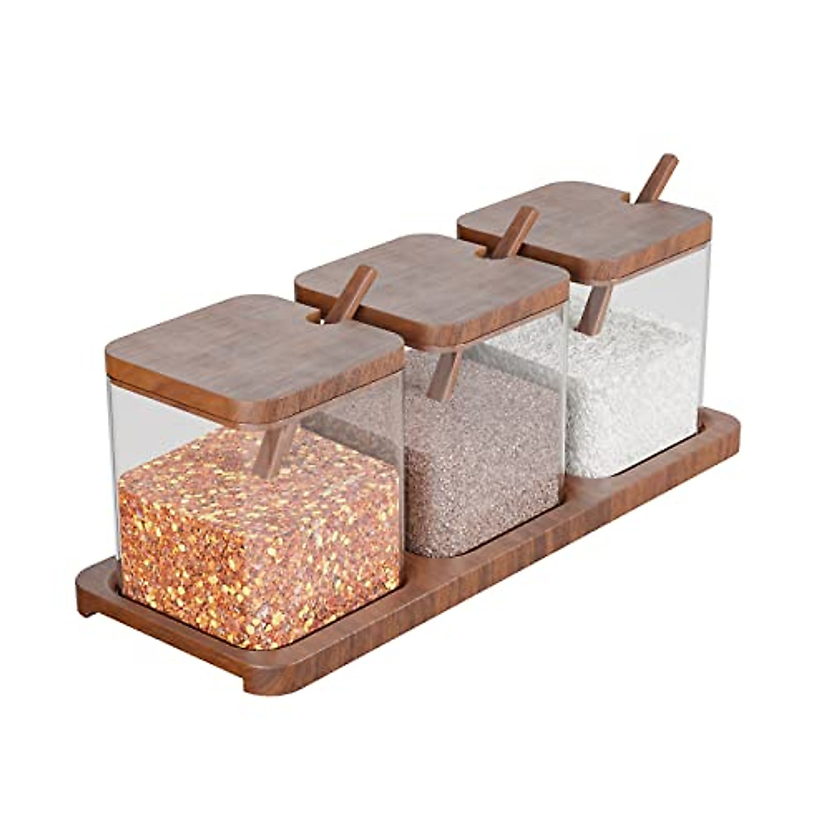 Essos Square Glass and Wood Condiment 3 pc Jars Set with spoon Tray Sugar Food Storage Containers with Wood Lids and Wooden Spoon for Coffee Spice Storage Container