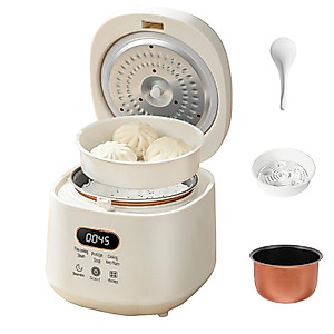 NUNET Electric Rice Cooker, Portable 6-1 Multi-Functional Smart Food Steamer Time Control 400W Mini Cooker 2QT 3 Cups Uncooked/5 Cups Cooked for Soup Grain Oatmeal w. Non-Stick Inner Pot