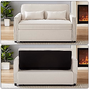 JEEOHEY 3-in-1 Convertible Sleeper Sofa Bed,54" Modern Linen Pull Out Couch Bed Futon Chair with Adjustable Backrest&Pillows,Furniture for Living Room Apartment Small Space,Beige